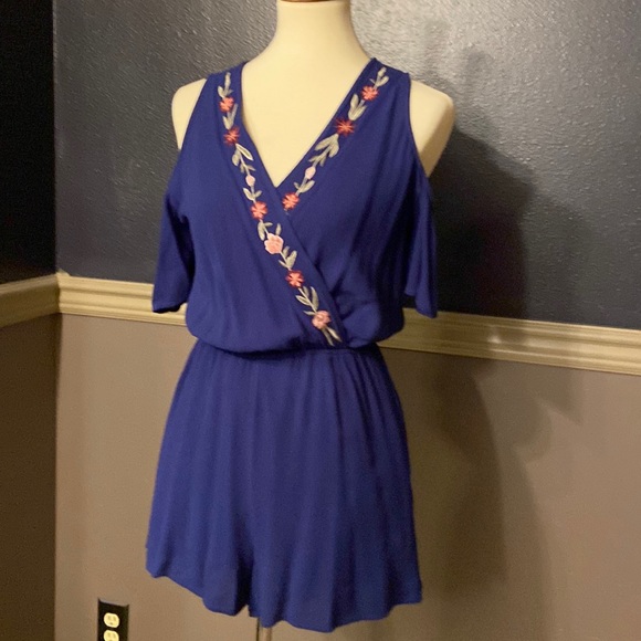 miami | Pants & Jumpsuits | Dark Blue Romper With Floral Embroidered ...
